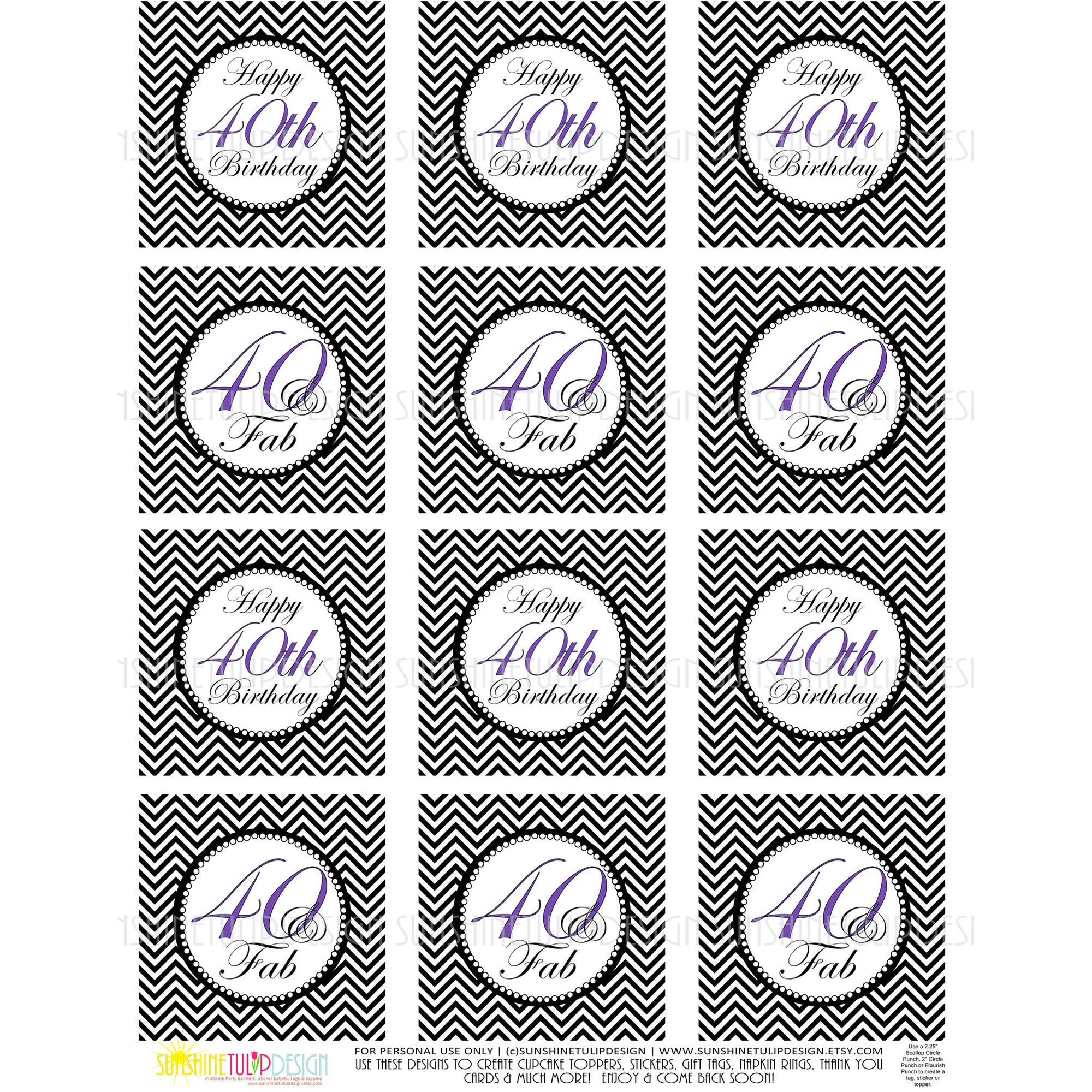 Printable 40th Birthday Cupcake Toppers, Sticker Labels & Party Favor ...