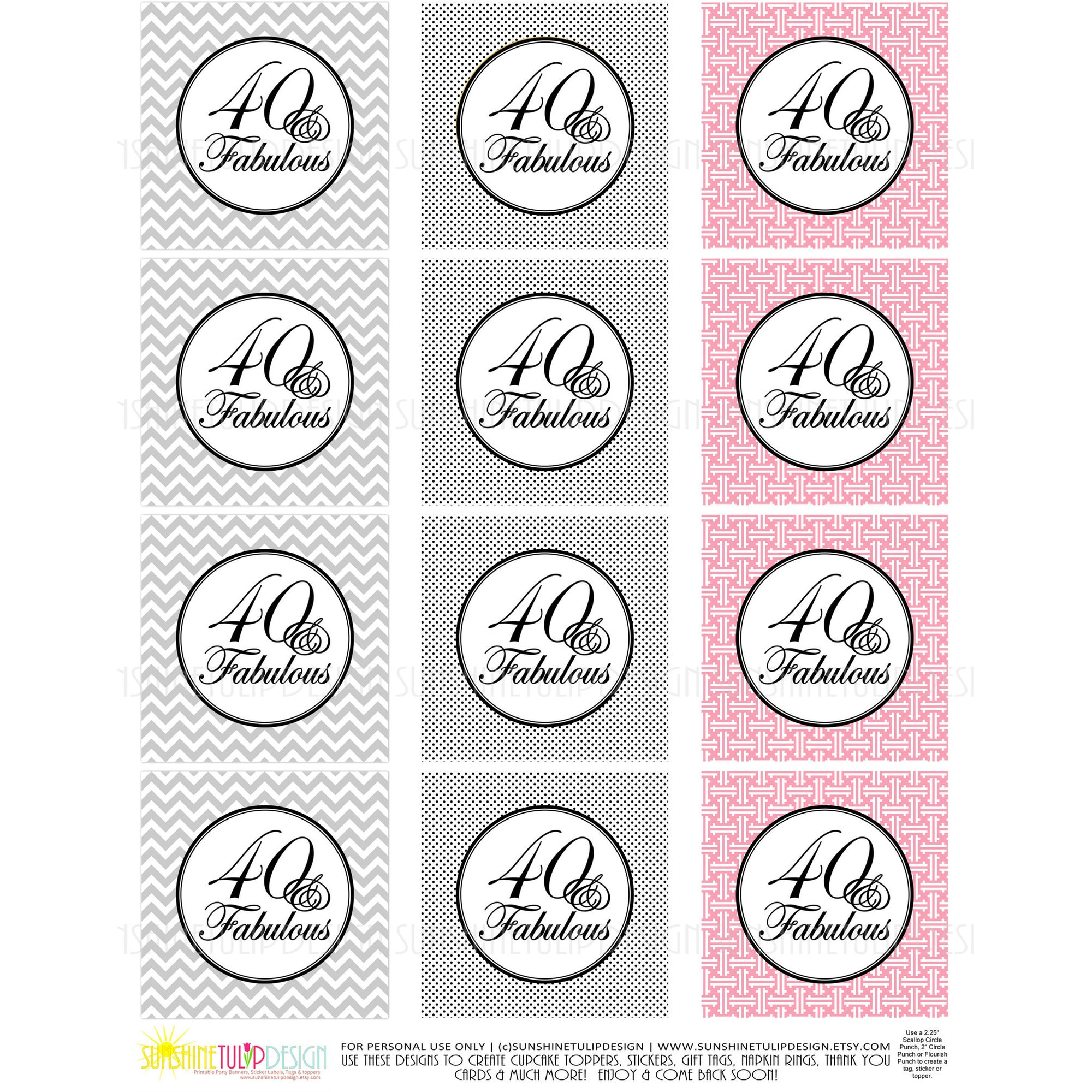 Printable 40 and Fabulous Black Gray & Pink Birthday Cupcake Toppers ...