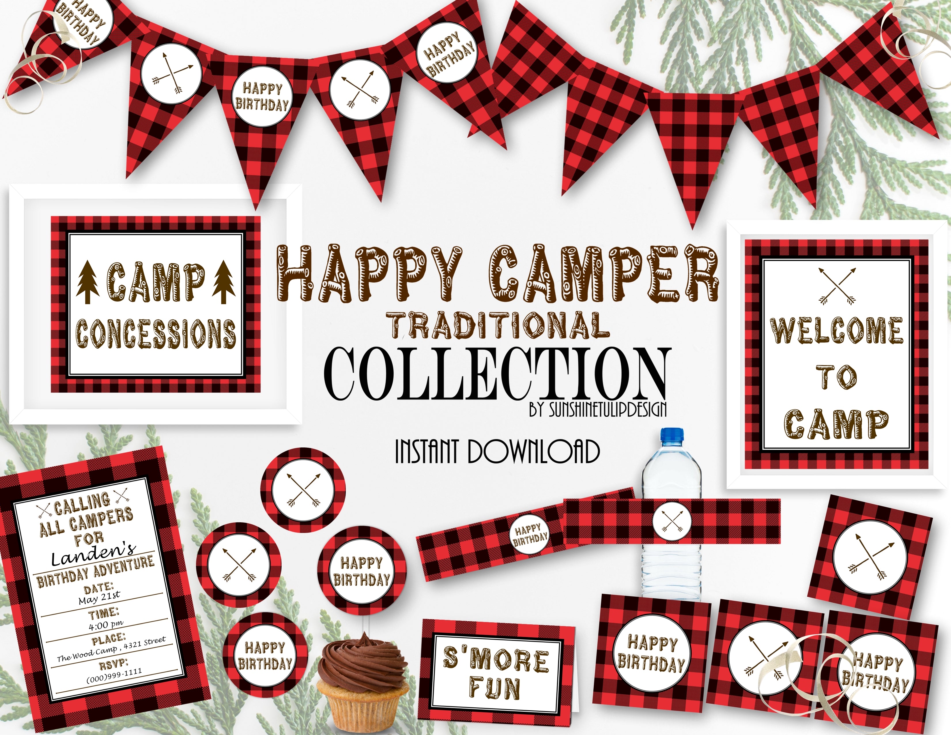 Printable Buffalo Plaid Camping Birthday Party Package, Campout Birthd ...