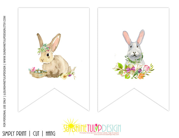 Printable Spring party banner, Printable Bunny and Floral Banner, Prin ...