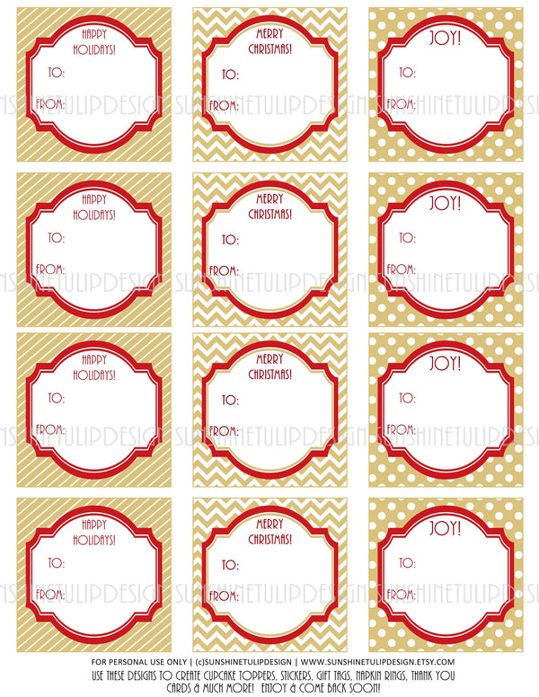 Printable Gold Chevron Christmas Gift Tags, Christmas Labels, Red and ...