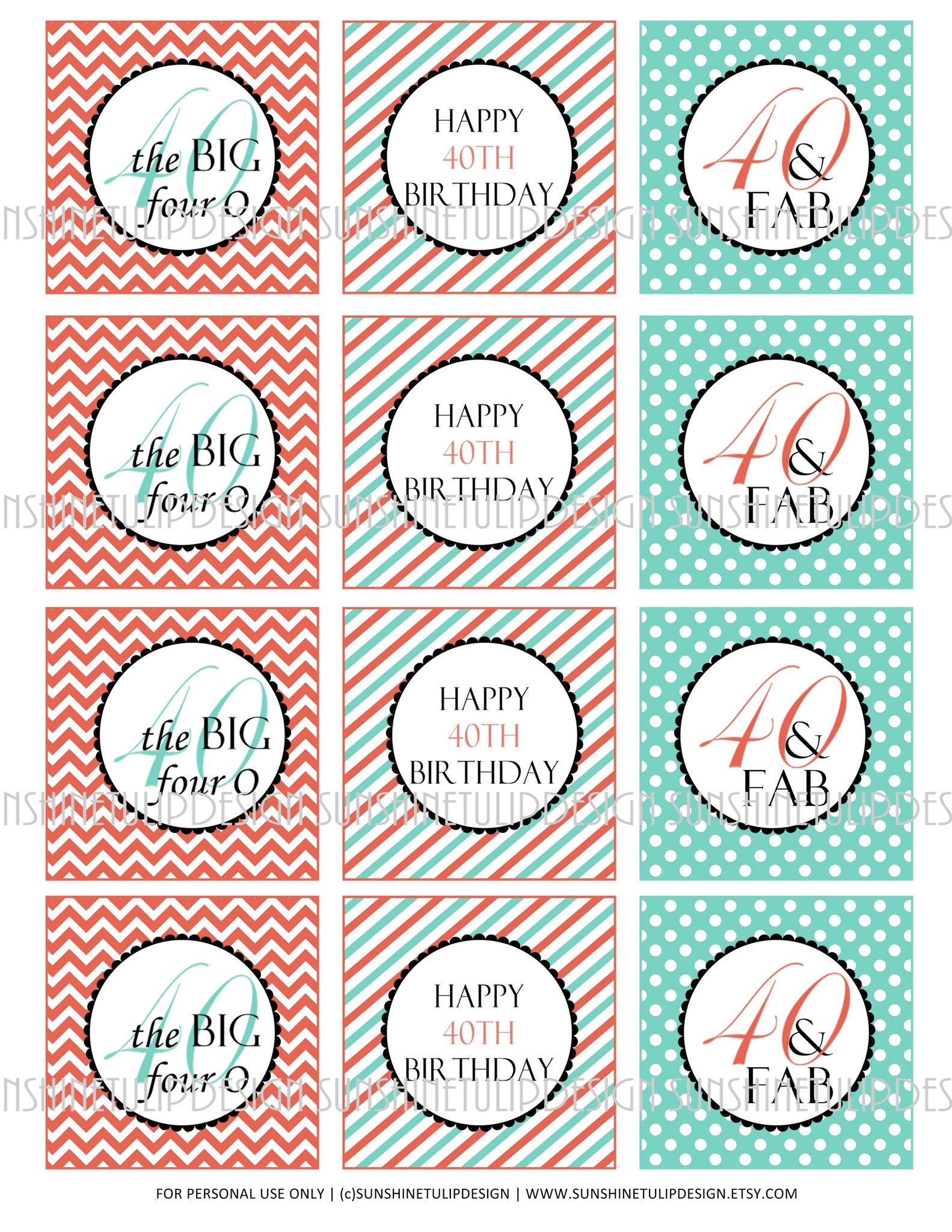 Printable 40th Birthday Coral and Aqua Cupcake Toppers, Sticker Labels ...